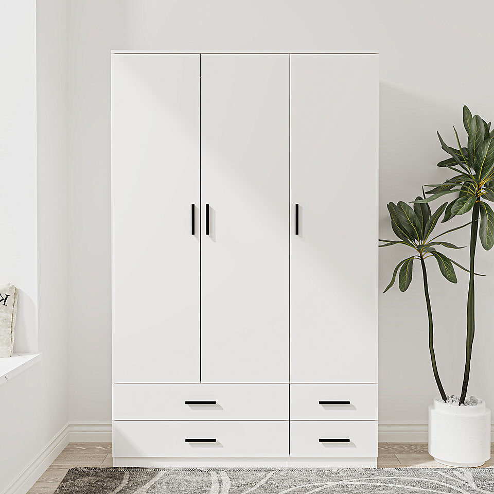 Urban Crafts White 3-Door 4-Drawer Wardrobe | Bedroom Storage